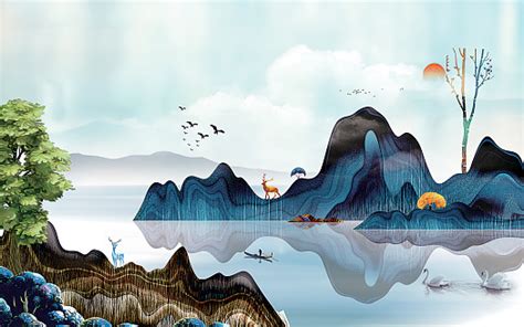 어두운 파란색 정글 숲 배경 과 3d 현대 미술 벽화 벽지 풍경 황금 사슴 검은 크리스마스 트리 산 흰 새와 달 사슴에 대한 스톡 사진 및 기타 이미지 Istock