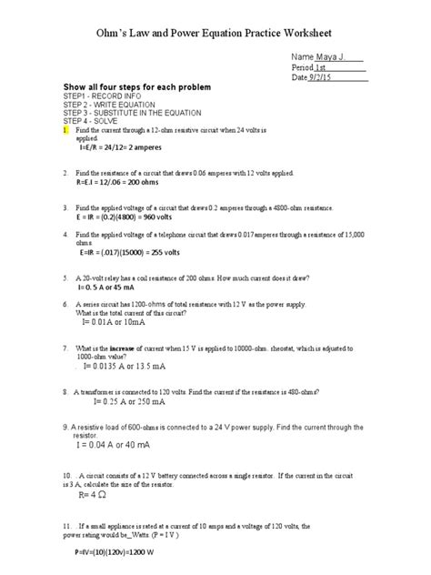 315b Ohms Law Worksheet Pdf Volt Electrical Network