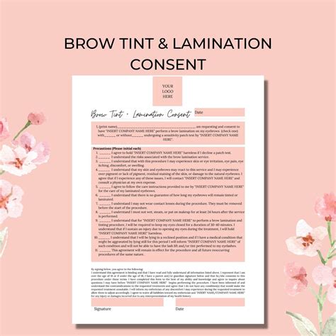 Brow Tint And Brow Lamination Consent Form With Patch Test Consent And Waiver DIY Editable
