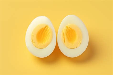 파스텔 노란색 배경 Ai가 생성한 부드러운 삶은 계란 반쪽 프리미엄 사진