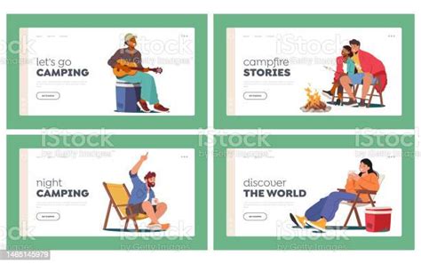 젊은이들은 야간 여름 캠프 랜딩 페이지 템플릿 세트에서 시간을 보냅니다 활성 관광 캐릭터 벡터 일러스트 레이 션 개념에 대한
