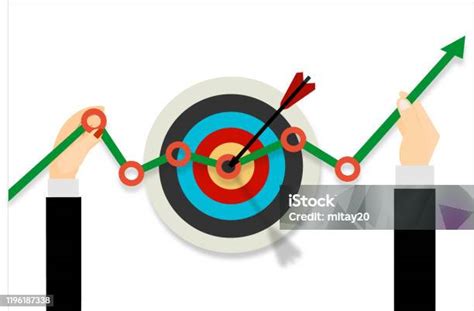 대상에서 화살표를 가리키는 사업가의 손 목표 설정 스마트 한 목표 비즈니스 대상 개념입니다 성취와 성공 플랫 스타일의 벡터 일러스트레이션 가리키기에 대한 스톡 벡터 아트 및