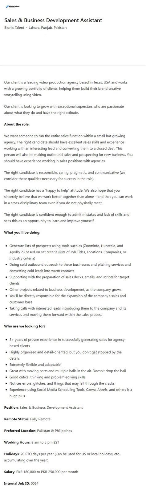 Bionic Talent Jobs 2023 For Business Development Assistant 2025 Job