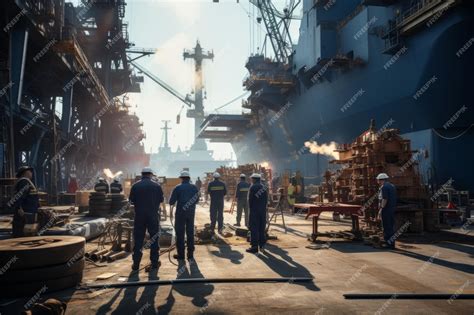 Premium Ai Image Shipyard With Workers Welding And Constructing