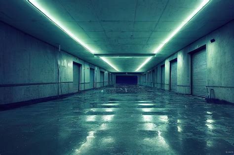 네온 사이버펑크 스타일의 현대적인 빈 미래형 방 현실적인 영화 조명 사이버 구내 방의 템플릿 레이아웃 닫힌 철 셔터 3d 그림이 있는 복도 프리미엄 사진