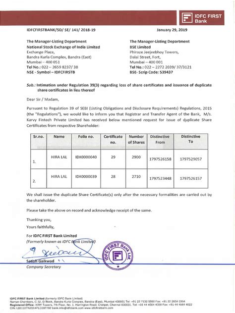 Intimation Loss And Issue Of Duplicate Share Certificates Pdf