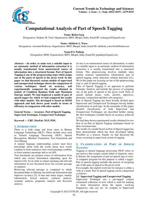PDF Computational Analysis Of Part Of Speech Tagging