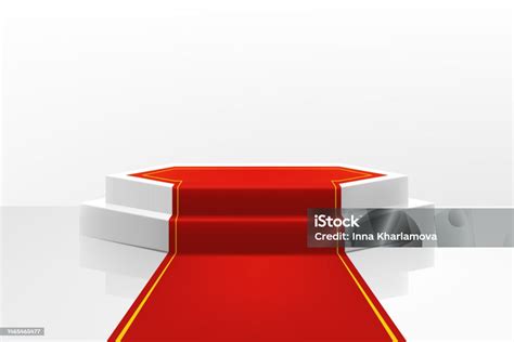 시상식을 위한 빨간색 경로가 있는 조명 무대 연단 현실적인 3d 벡터 일러스트 레이 션 Vip 유명인 라이프 스타일 개념 수상자 및 시상식을위한 무대 0명에 대한 스톡 벡터