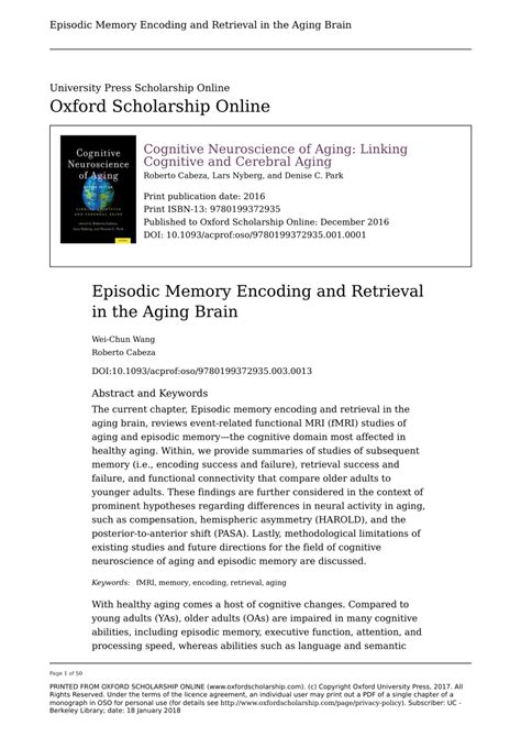 Pdf Episodic Memory Encoding And Retrieval In The Aging Brain Linking Cognitive And Cerebral