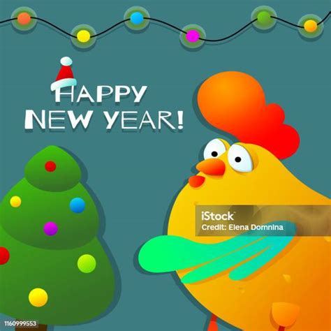 การ์ดอวยพรที่มีสีสันไก่ตลก คริสต์มาส ต้นไม้และพวงมาลัยที่มีหลอดไฟที่แตกต่างกันของ ภาพป ภาพประกอบ