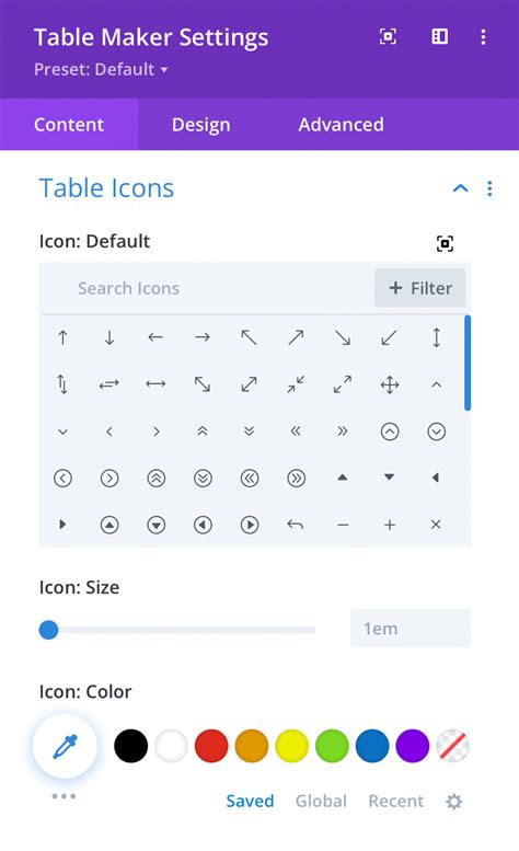 table column icons content tab table maker docs divi modules