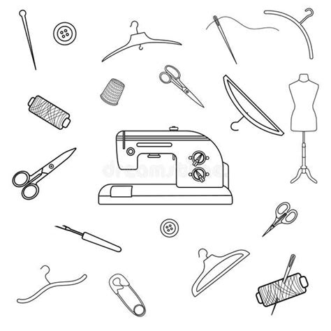 Sewing Kit In Outline Style On White Background Stock Vector