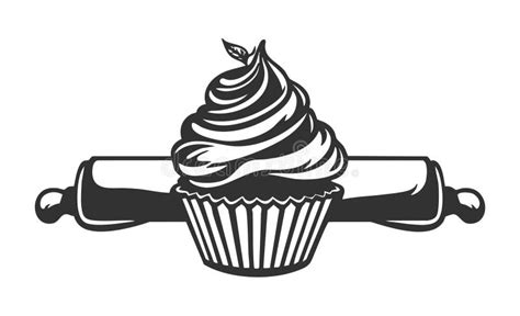 Cupcake With Rolling Pin Illustration In Black And White Stock Vector