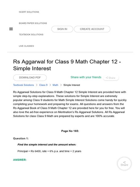 Rs Aggarwal For Class 9 Math Chapter 12 Simple Interest Pdf Loans