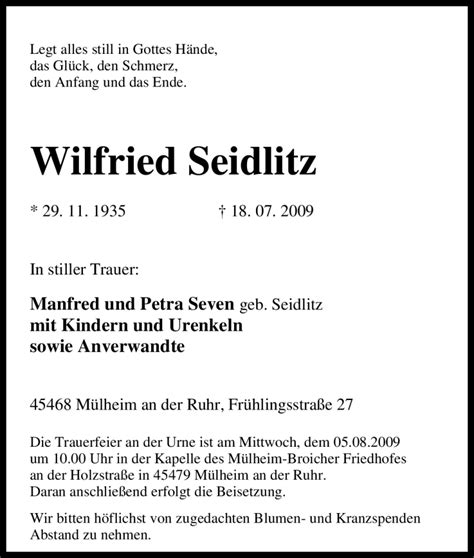 Traueranzeigen Von Wilfried Seidlitz Trauer In Nrwde
