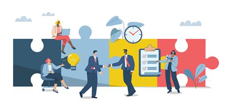 팀워크의 상징 효과적인 팀워크 사업가들이 조화를 이루며 직소 퍼즐을 완성하기 위해 협력합니다 일정 경력 개발 개념 벡터 디자인