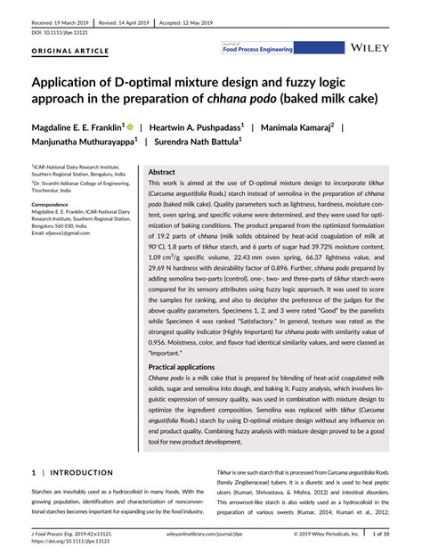Application Of D‐optimal Mixture Design And Fuzzy Logic Approach In The Preparation Of Chhana