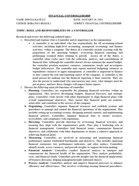 Activity 1 Roles And Responsibilities Of Controllership Pdf