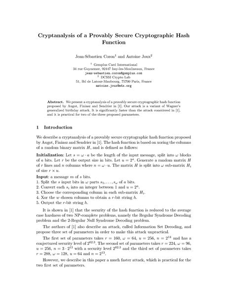 Cryptanalysis Of A Provably Secure Cryptographic Hash Function Jean