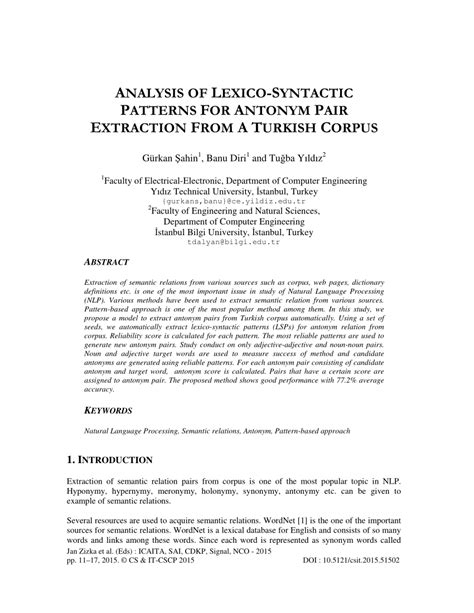 Pdf Analysis Of Lexico Syntactic Patterns For Antonym Pair Extraction From A Turkish Corpus