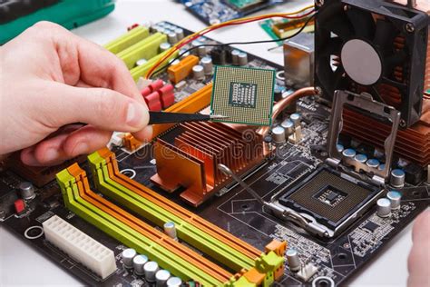 Technician Plug In Microprocessor To Motherboard Stock Image Image Of Hold Microelectronic
