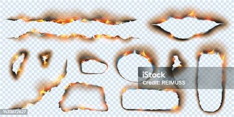 불에 탄 종이 구멍 격리 세트 벡터 현실적인 화재가 불에 타서 종이 시트의 가장자리가 찢어지고 찢어졌으며 측면에 불에 타지 않은 손상과 추상적 인 불에 타지 않은 구멍이