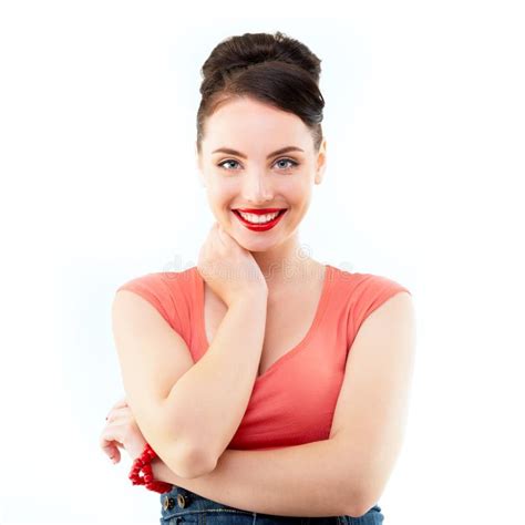 Pinup Girl Happy Smiling Retro Portrait Of Young Cheerful Woman In Pin