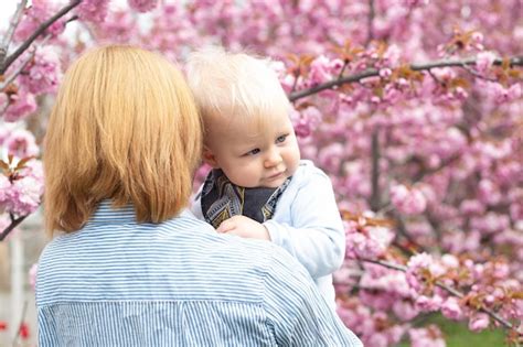 Joven Madre Con Un Hijo Peque O En Sus Manos En El Parque Con El Rbol De Flor De Cerezo De