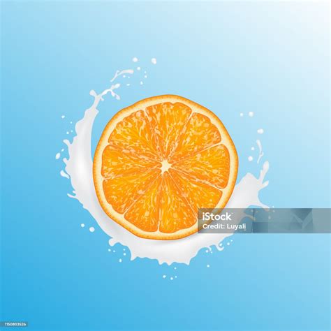 현실적인 3d 벡터 일러스트입니다 얇게 썬 오렌지 밀크 주스 스플래시 화려한 감귤 배경입니다 0명에 대한 스톡 벡터 아트 및