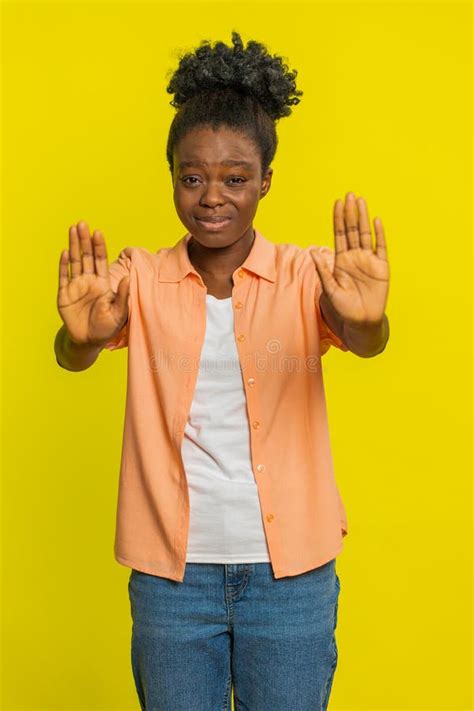 Woman Say No Hold Palm Folded Crossed Hands In Stop Gesture Warning Of Finish Prohibited Access
