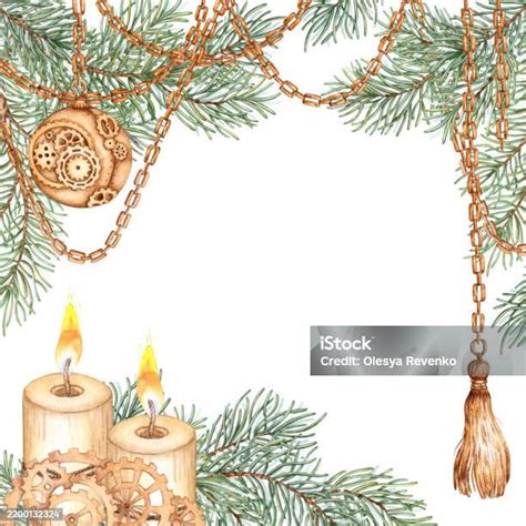 전나무 가지 사슬 펜던트 공 및 양초 크리스마스 배너 수채화 그림 프레임 배경에서 격리 된 겨울 식물과의 경계 소나무 전나무 노간주나무 상록수 12월에 대한 스톡 벡터 아트