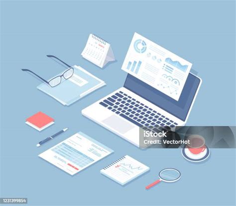 데이터 분석 분석 감사 보고 개념 웹 및 모바일 서비스 차트 노트북 화면 문서 메모장 폴더에 그래프 사무실 직장 데스크톱에서 일합니다 아이소메트릭 3d 벡터 Brand