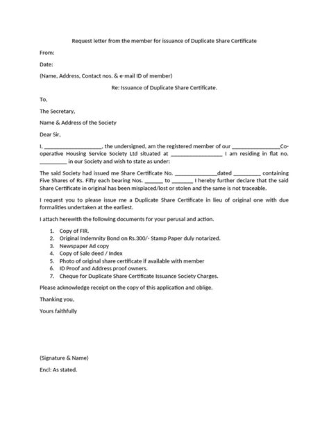 Request Letter From The Member For Issuance Of Duplicate Share