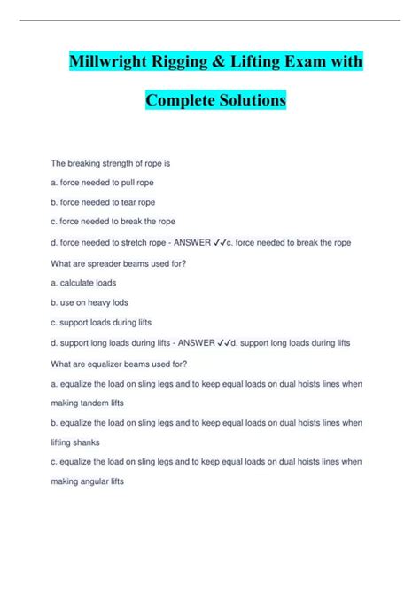 Millwright Rigging And Lifting Exam With Complete Solutions Millwright Stuvia Us