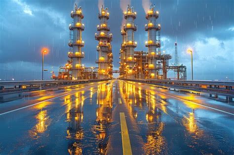 Industrial Complex Reflecting In Wet Road During Rain Premium Ai