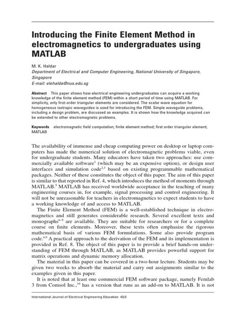 Introducing The Finite Element Method In Electromagnetics To Undergraduates Using Matlab
