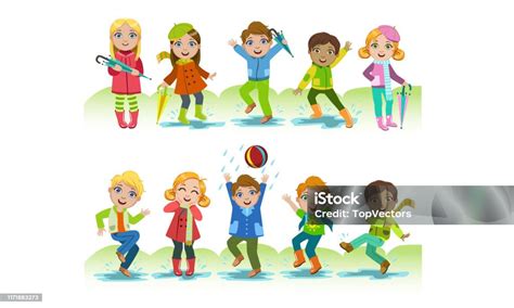 귀여운 행복한 아이 놀이 에서 비 세트 소년과 소녀 데 재미 옥외 벡터 일러스트 계절에 대한 스톡 벡터 아트 및 기타 이미지 계절 귀여운 날씨 Istock