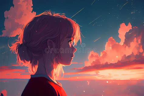 Anime Girl Looks Into The Distance At A Pink Sunset Generative Ai