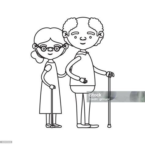 롤빵 쪽 머리 드레스와 안경 대머리 할아버지와 할머니의 지팡이에서 실루엣 전신 몇 노인 스케치 2명에 대한 스톡 벡터 아트 및 기타 이미지 Istock