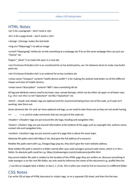 Infosys 110 Coding Notes Infosys 110 Coding Notes Html Notes Is For A Paragraph Dont Need A