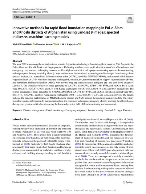 Innovative Methods For Rapid Flood Inundation Mapping In Pul E Alam And Khoshi Districts Of