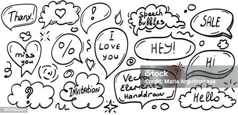 세트 손 그린 생각과 사랑 메시지와 토크 연설 연설 거품 인사말 과 판매 발표 낙서 스타일의 만화 풍선 구름 하트 모양의 디자인