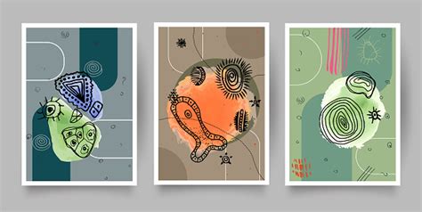 추상 포스터 모음입니다 현대 미술 인쇄 템플릿 세트입니다 벽 장식 엽서 또는 브로셔 디자인을 위한 창의적인 손으로 그린 그림 세트 벡터 아트와 수채화 가리기에 대한 스톡