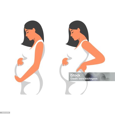 두 개의 서로 다른 위치에 있는 임산부는 복부를 지지하고 허리를 손으로 지지합니다 흰색 드레스를 입은 큰 임신 한 배를 가진 프로필의 젊은 여성 벡터 그림입니다 임신에 대한