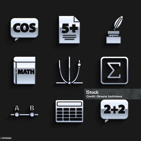 세트 그래프 일정 차트 다이어그램 계산기 방정식 솔루션 시그마 기호 단어 수학책 깃털과 잉크웰 및 수학 기능 코신 아이콘 벡터