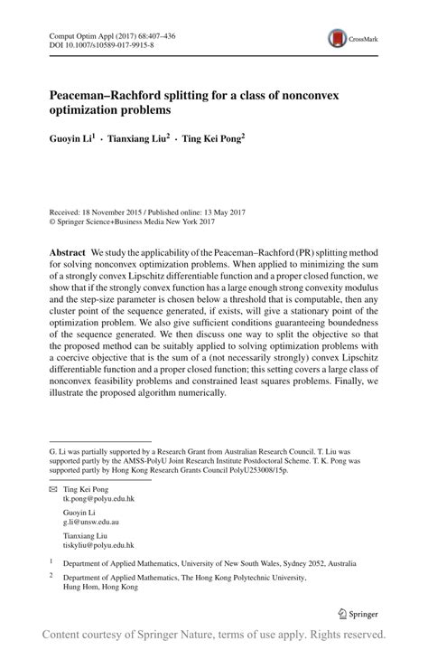 Peaceman Rachford Splitting For A Class Of Nonconvex Optimization Problems Request Pdf