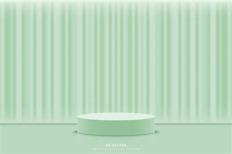 추상적인 3d 녹색 실린더 연단 받침대 무대는 호화로운 커튼 배경으로 현실적이다 쇼 제품 모형 또는 템플릿을 위한 무대 3d 벡터 렌더링 제품 배치 또는 홍보를 위한 디자인