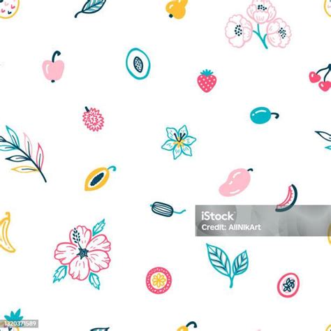 열대 꽃 과일 원활한 패턴 과일 열매 꽃과 잎 다채로운 여름 배경 벡터 일러스트레이션 패션프룻에 대한 스톡 벡터 아트 및 기타 이미지 Istock