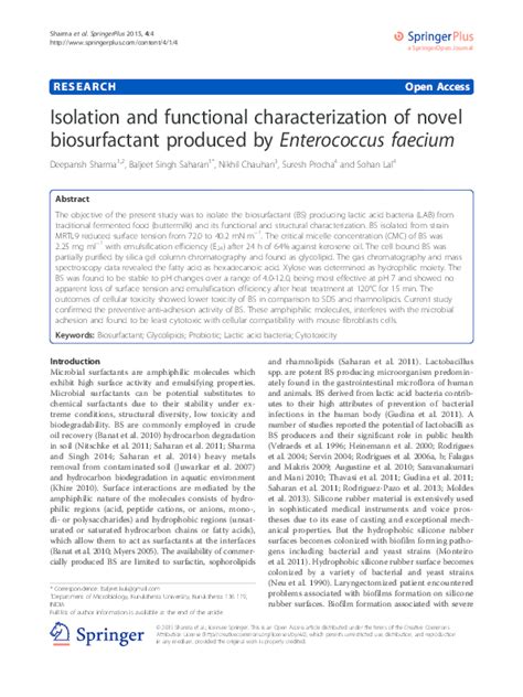 Pdf Isolation And Functional Characterization Of Novel Biosurfactant Produced By Enterococcus
