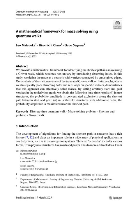 Pdf A Mathematical Framework For Maze Solving Using Quantum Walks